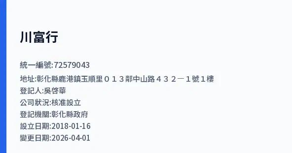 川富行的照片-統編 72579043(彰化縣) 公司登記資料與營業項目詳細圖表