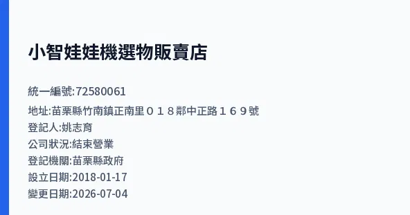 小智娃娃機選物販賣店的照片-統編 72580061(苗栗縣) 公司登記資料與營業項目詳細圖表