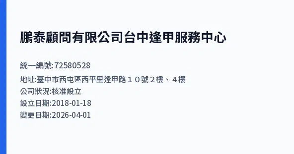 鵬泰顧問有限公司台中逢甲服務中心的照片-統編 72580528(臺中市) 公司登記資料與營業項目詳細圖表