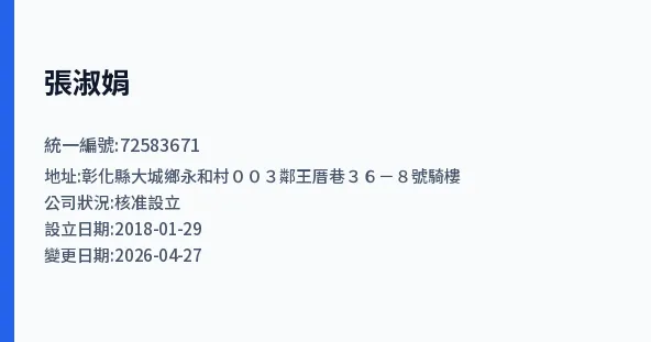 張淑娟的照片-統編 72583671(彰化縣) 公司登記資料與營業項目詳細圖表