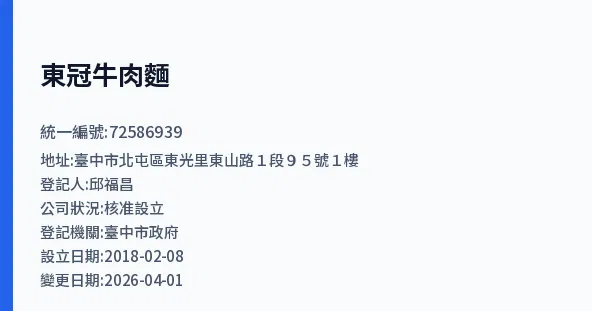 東冠牛肉麵的照片-統編 72586939(臺中市) 公司登記資料與營業項目詳細圖表