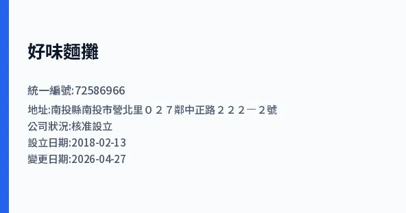 好味麵攤的照片-統編 72586966(南投縣) 公司登記資料與營業項目詳細圖表