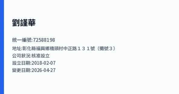 劉謹華的照片-統編 72588198(彰化縣) 公司登記資料與營業項目詳細圖表