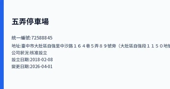 五弄停車場的照片-統編 72588845(臺中市) 公司登記資料與營業項目詳細圖表
