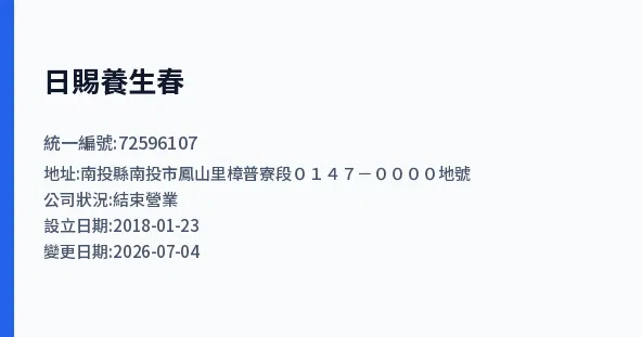 日賜養生春的照片-統編 72596107(南投縣) 公司登記資料與營業項目詳細圖表