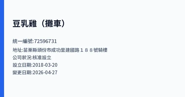 豆乳雞(攤車)的照片-統編 72596731(苗栗縣) 公司登記資料與營業項目詳細圖表