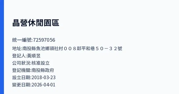 晶營休閒園區的照片-統編 72597056(南投縣) 公司登記資料與營業項目詳細圖表