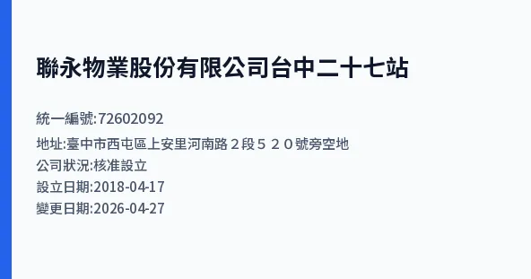 聯永物業股份有限公司台中二十七站的照片-統編 72602092(臺中市) 公司登記資料與營業項目詳細圖表