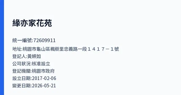 緣亦家花苑的照片-統編 72609911(桃園市) 公司登記資料與營業項目詳細圖表