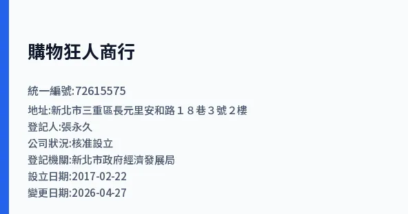 購物狂人商行的照片-統編 72615575(新北市) 公司登記資料與營業項目詳細圖表