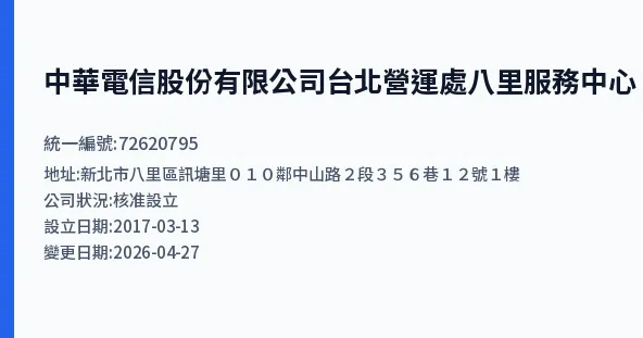 中華電信股份有限公司台北營運處八里服務中心的照片-統編 72620795(新北市) 公司登記資料與營業項目詳細圖表