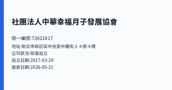 社團法人中華幸福月子發展協會的照片-統編 72621817(新北市) 公司登記資料與營業項目詳細圖表