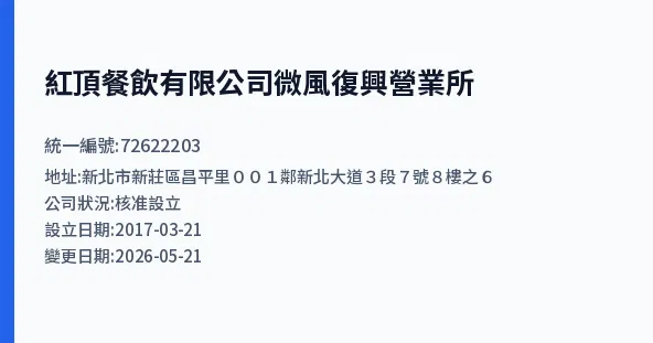 紅頂餐飲有限公司微風復興營業所的照片-統編 72622203(新北市) 公司登記資料與營業項目詳細圖表
