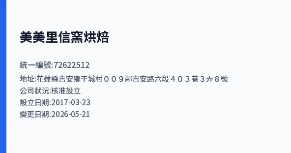 美美里信窯烘焙的照片-統編 72622512(花蓮縣) 公司登記資料與營業項目詳細圖表