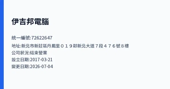 伊吉邦電腦的照片-統編 72622647(新北市) 公司登記資料與營業項目詳細圖表