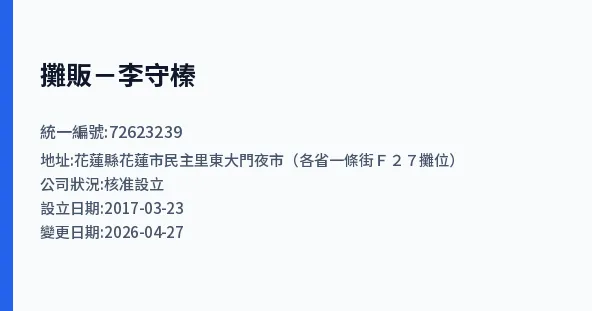 攤販-李守榛的照片-統編 72623239(花蓮縣) 公司登記資料與營業項目詳細圖表