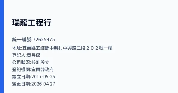 瑞龍工程行的照片-統編 72625975(宜蘭縣) 公司登記資料與營業項目詳細圖表