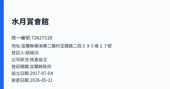 水月賞會館的照片-統編 72627328(宜蘭縣) 公司登記資料與營業項目詳細圖表