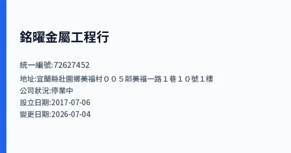 銘曜金屬工程行的照片-統編 72627452(宜蘭縣) 公司登記資料與營業項目詳細圖表