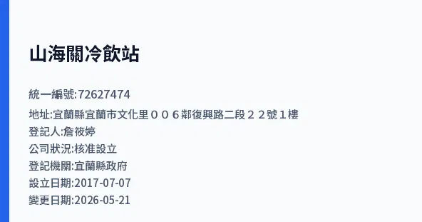 山海關冷飲站的照片-統編 72627474(宜蘭縣) 公司登記資料與營業項目詳細圖表
