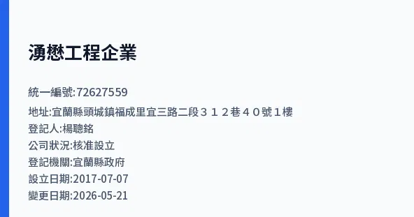 湧懋工程企業的照片-統編 72627559(宜蘭縣) 公司登記資料與營業項目詳細圖表