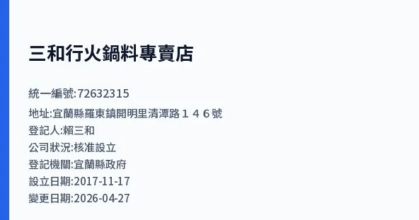 三和行火鍋料專賣店的照片-統編 72632315(宜蘭縣) 公司登記資料與營業項目詳細圖表
