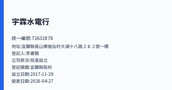 宇霖水電行的照片-統編 72632878(宜蘭縣) 公司登記資料與營業項目詳細圖表
