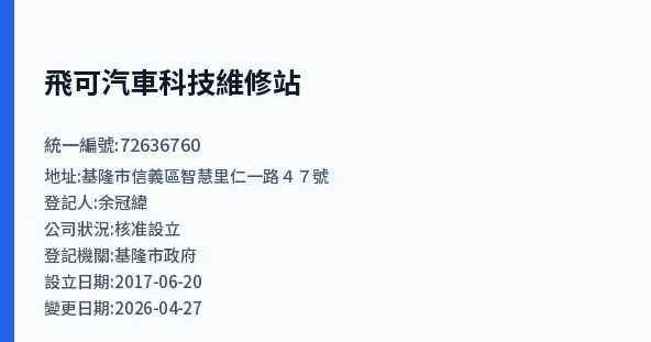 飛可汽車科技維修站的照片-統編 72636760(基隆市) 公司登記資料與營業項目詳細圖表