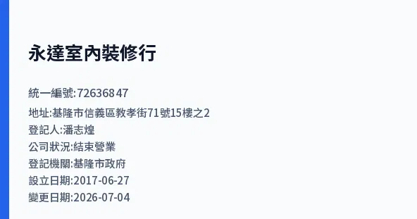 永達室內裝修行的照片-統編 72636847(基隆市) 公司登記資料與營業項目詳細圖表