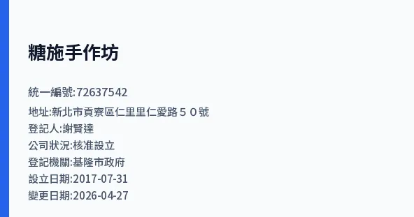 糖施手作坊的照片-統編 72637542(新北市) 公司登記資料與營業項目詳細圖表