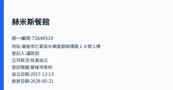 赫米斯餐館的照片-統編 72640510(基隆市) 公司登記資料與營業項目詳細圖表