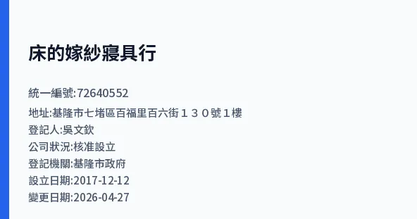 床的嫁紗寢具行的照片-統編 72640552(基隆市) 公司登記資料與營業項目詳細圖表