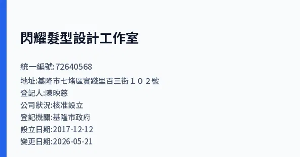 閃耀髮型設計工作室的照片-統編 72640568(基隆市) 公司登記資料與營業項目詳細圖表