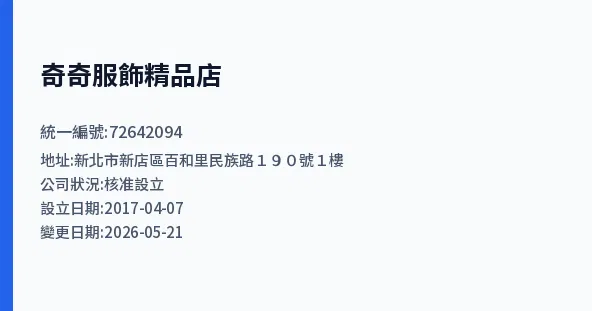 奇奇服飾精品店的照片-統編 72642094(新北市) 公司登記資料與營業項目詳細圖表