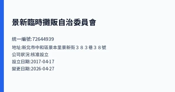 景新臨時攤販自治委員會的照片-統編 72644939(新北市) 公司登記資料與營業項目詳細圖表