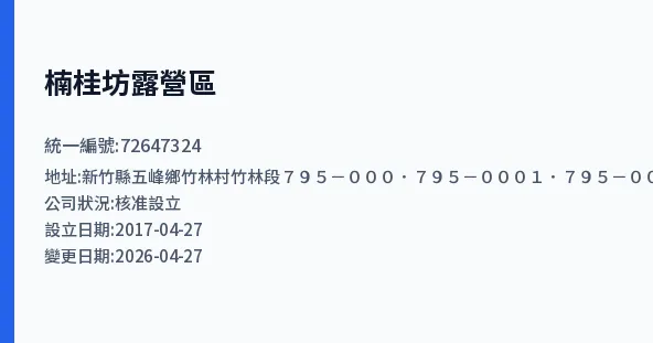 楠桂坊露營區的照片-統編 72647324(新竹縣) 公司登記資料與營業項目詳細圖表