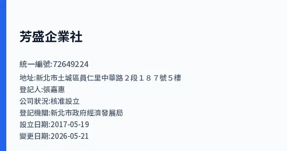 芳盛企業社的照片-統編 72649224(新北市) 公司登記資料與營業項目詳細圖表