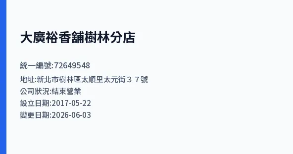 大廣裕香舖樹林分店的照片-統編 72649548(新北市) 公司登記資料與營業項目詳細圖表