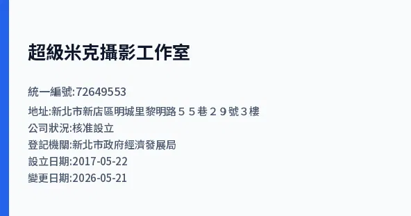超級米克攝影工作室的照片-統編 72649553(新北市) 公司登記資料與營業項目詳細圖表