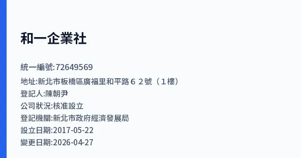 和一企業社的照片-統編 72649569(新北市) 公司登記資料與營業項目詳細圖表