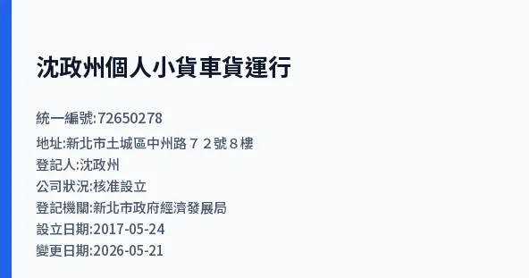 沈政州個人小貨車貨運行的照片-統編 72650278(新北市) 公司登記資料與營業項目詳細圖表
