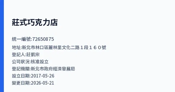 莊式巧克力店的照片-統編 72650875(新北市) 公司登記資料與營業項目詳細圖表