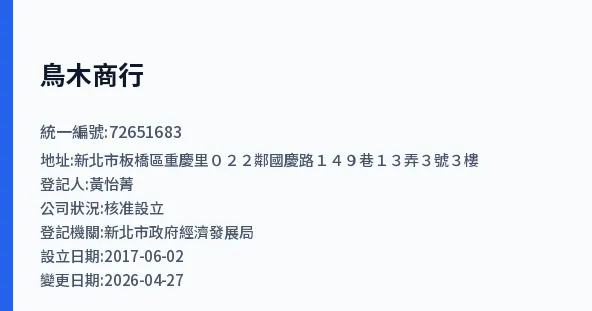 鳥木商行的照片-統編 72651683(新北市) 公司登記資料與營業項目詳細圖表
