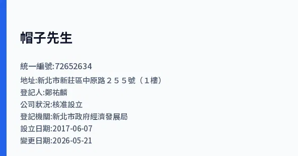 帽子先生的照片-統編 72652634(新北市) 公司登記資料與營業項目詳細圖表