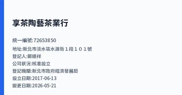 享茶陶藝茶業行的照片-統編 72653850(新北市) 公司登記資料與營業項目詳細圖表