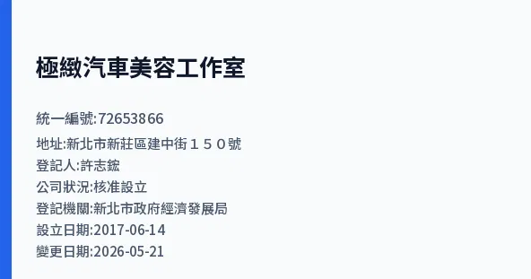 極緻汽車美容工作室的照片-統編 72653866(新北市) 公司登記資料與營業項目詳細圖表