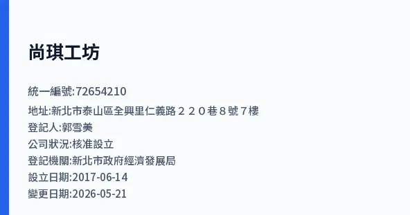 尚琪工坊的照片-統編 72654210(新北市) 公司登記資料與營業項目詳細圖表