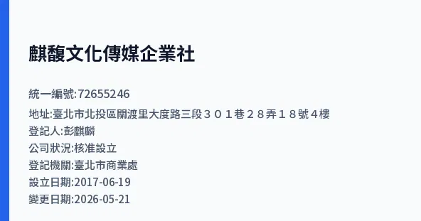 麒馥文化傳媒企業社的照片-統編 72655246(臺北市) 公司登記資料與營業項目詳細圖表