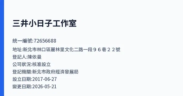 三井小日子工作室的照片-統編 72656688(新北市) 公司登記資料與營業項目詳細圖表