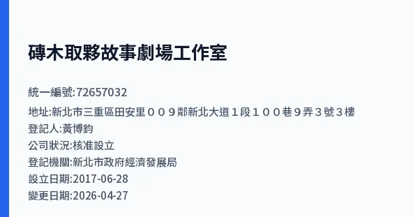 磚木取夥故事劇場工作室的照片-統編 72657032(新北市) 公司登記資料與營業項目詳細圖表